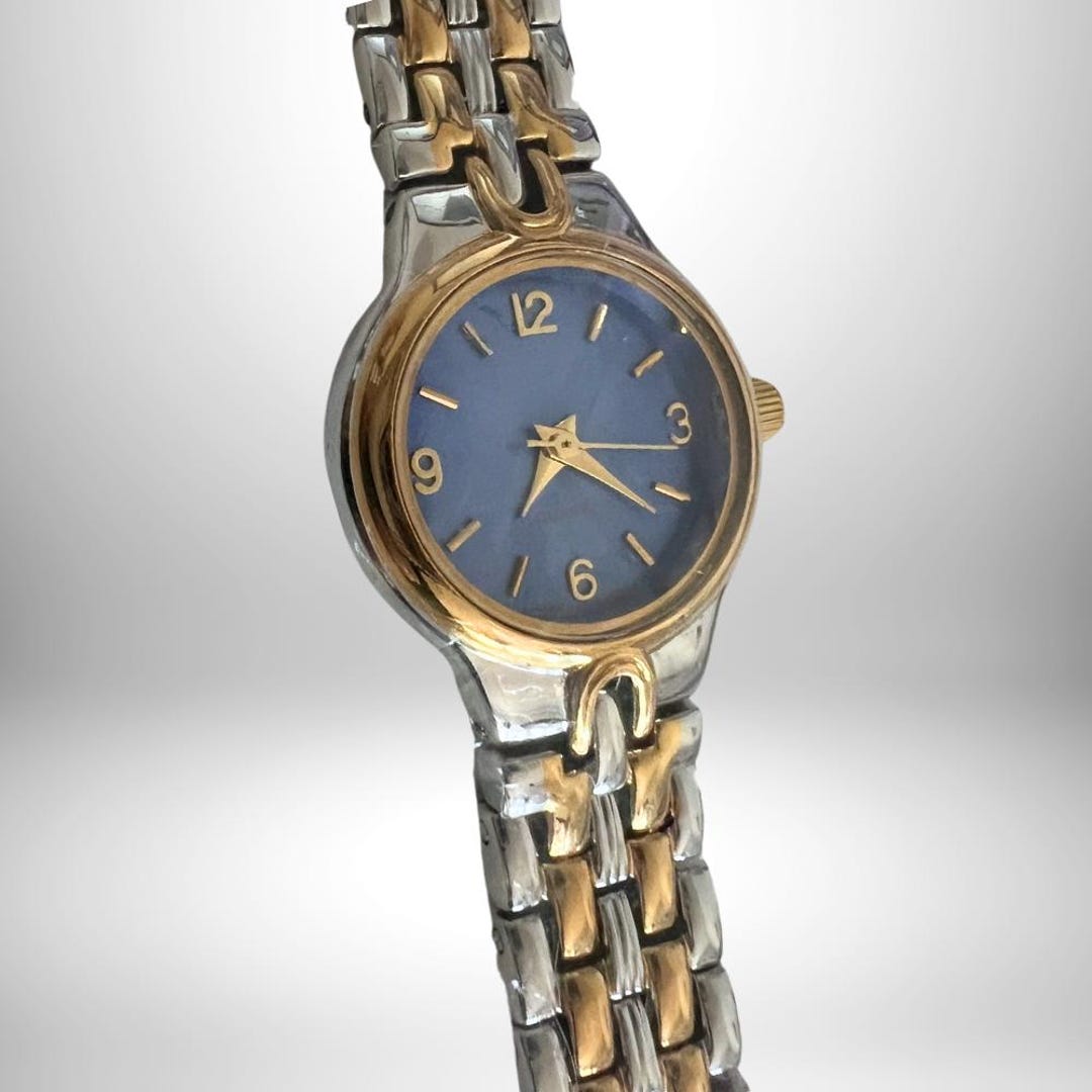 2000 Quartz Two-tone Gold and Silver Chain Watch With Blue Face - RARE ...