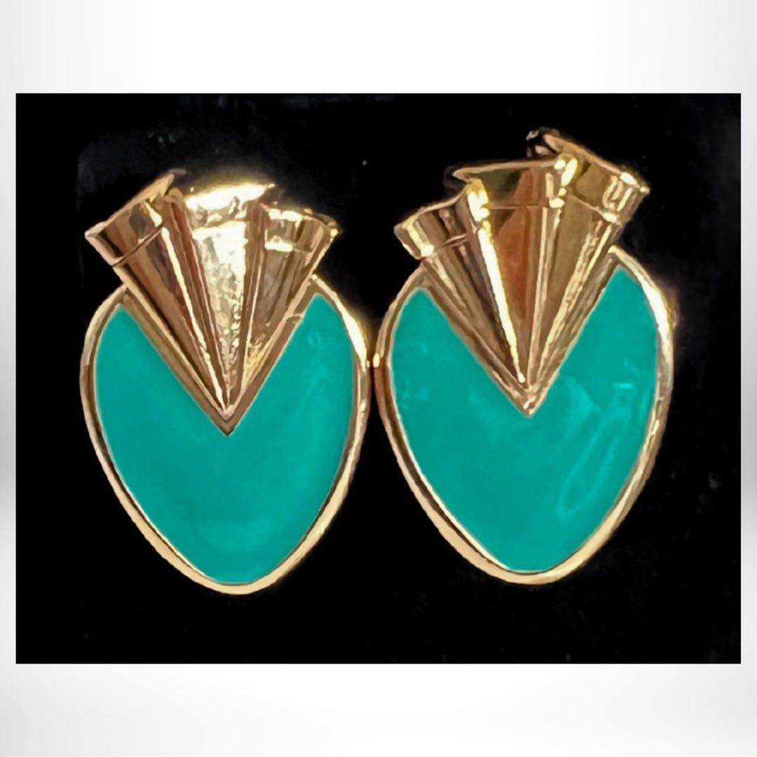 Rare TEAL Art Deco Pleated Fanfare Clip Earrings - Avon 1990 ...