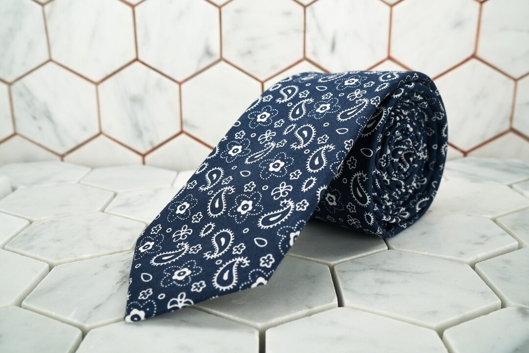 Cowboy Navy Slim Tie Paisley Pattern Blue Scott Persian Spring Cotton ...