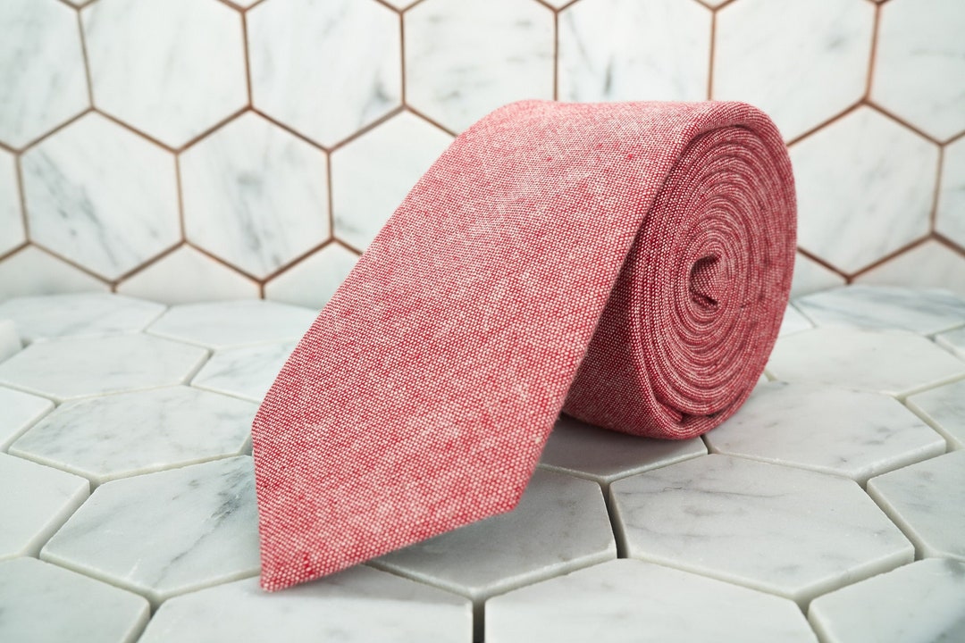 Coral Red Chambray Slim Tie Salmon Spring Cotton High Quality Fabric ...