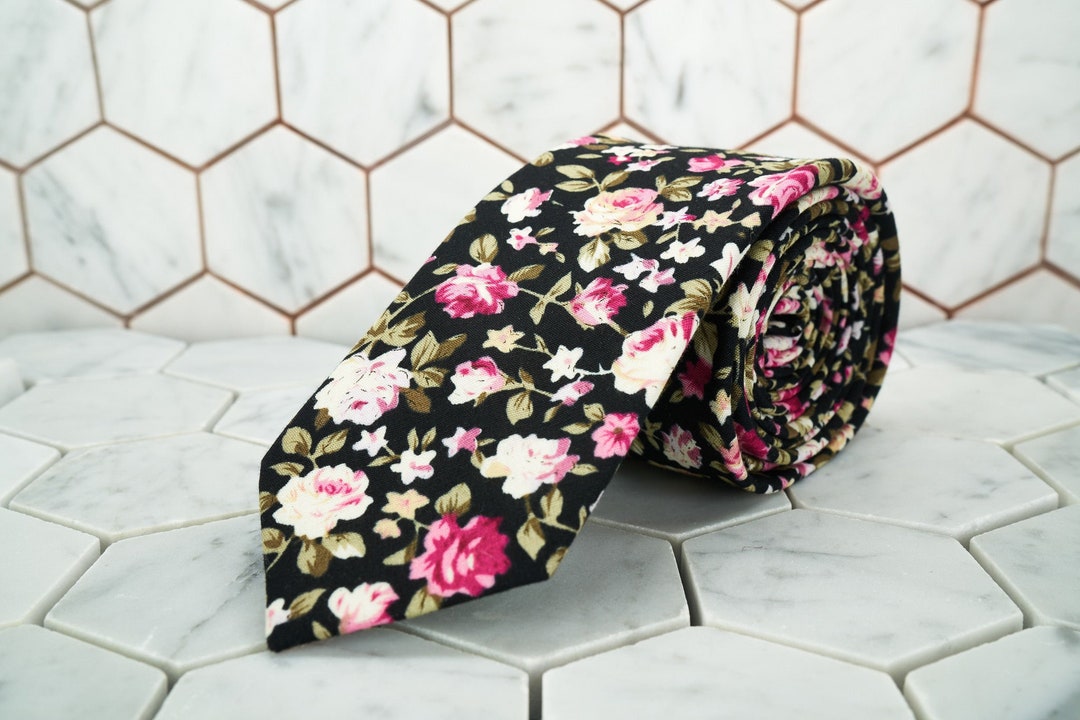 Black Pink Floral Slim Tie Cheeky Spring Rose Petal Patterened Cotton ...