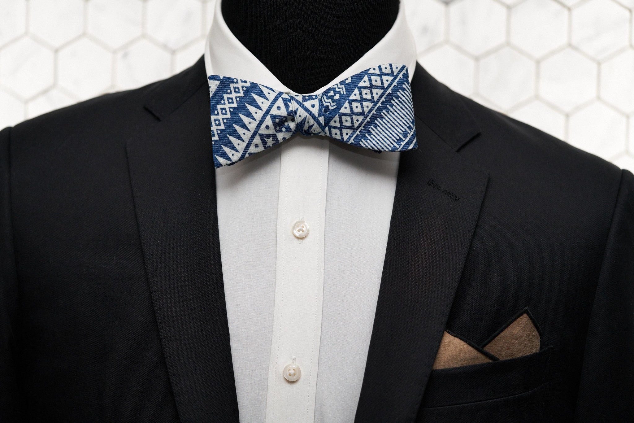 Self Tie Aztec Blue Bow Tie Shapes & Patterns Art Denim Cotton Dapper Tuxedo Fashion Elegant ...