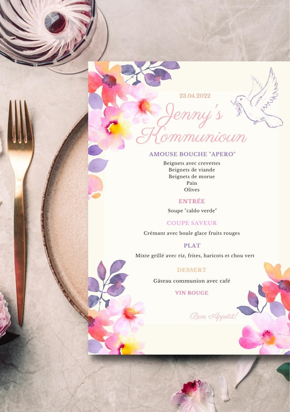 Girl First Communion Menu Template Girl Communion Menu Card - Etsy