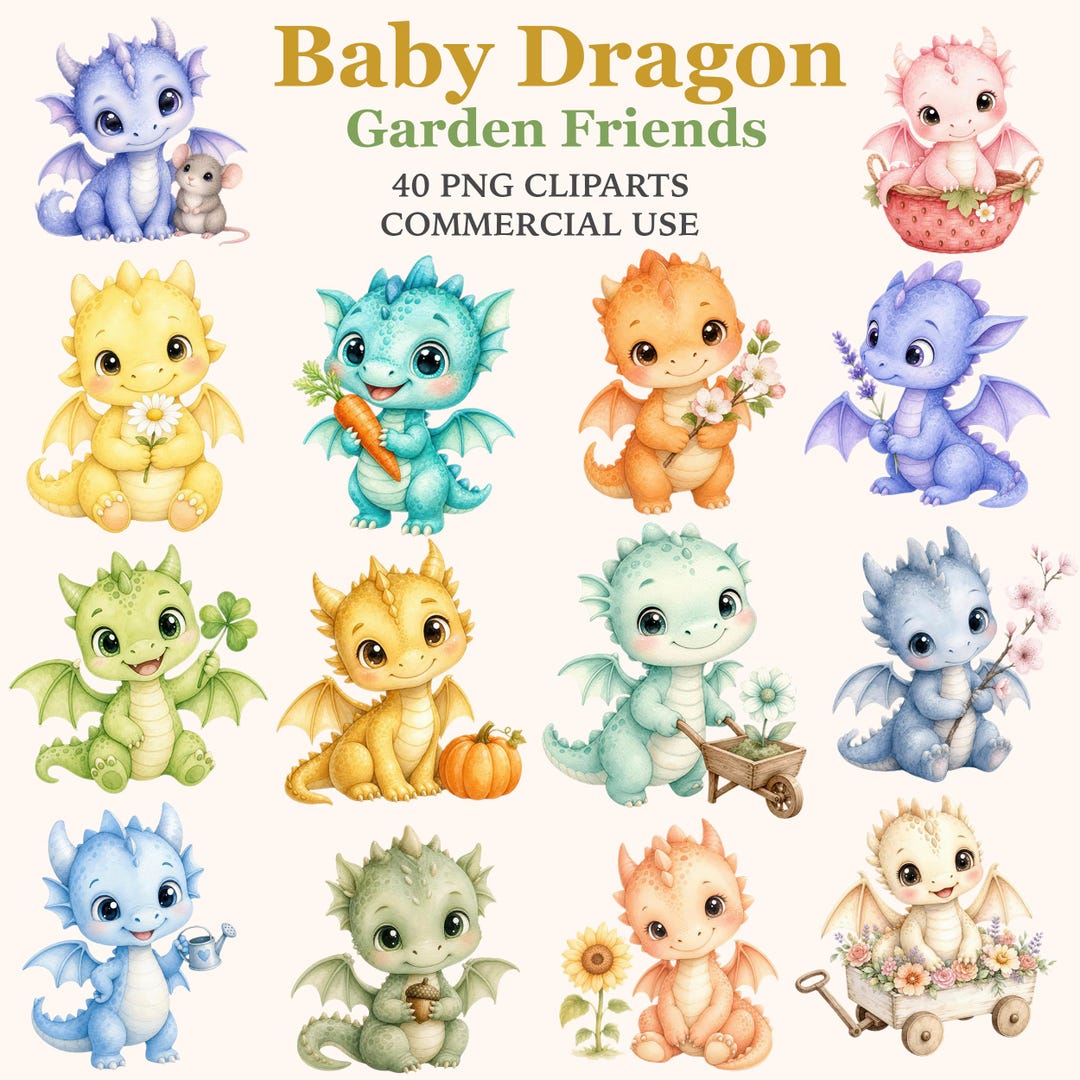 Baby Dragon Garden Friends Bundle, Watercolor Dragon PNG, Cute Nursery ...