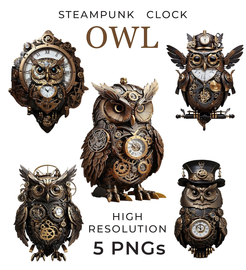 Steampunk Clock Owl Digital Art | 5 Pngs Vintage Victorian Owl Clipart | Steampunk Owl Digital ...