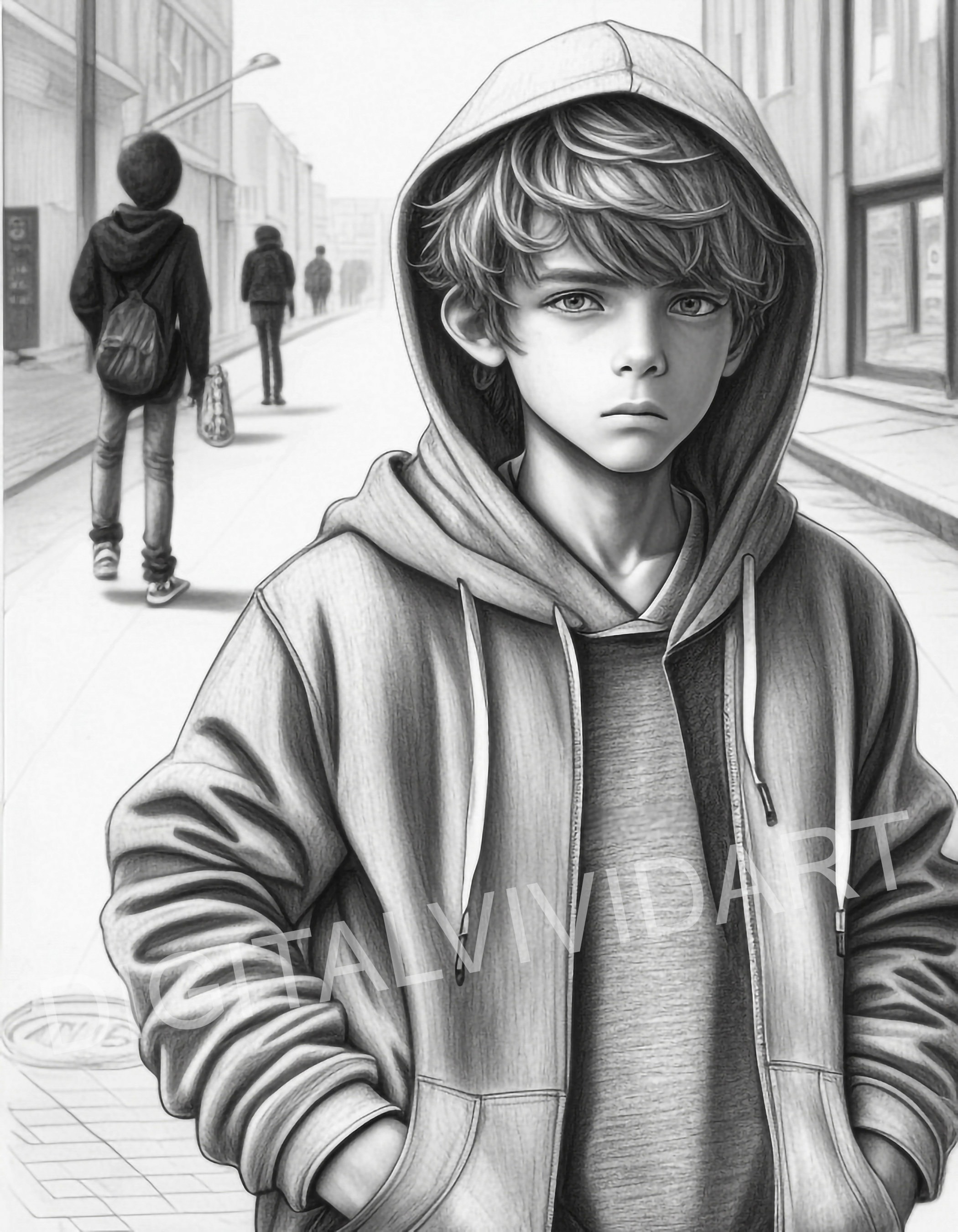 Cool Boy Pencil Drawing Art | Black & White Digital Art Print | Boy ...