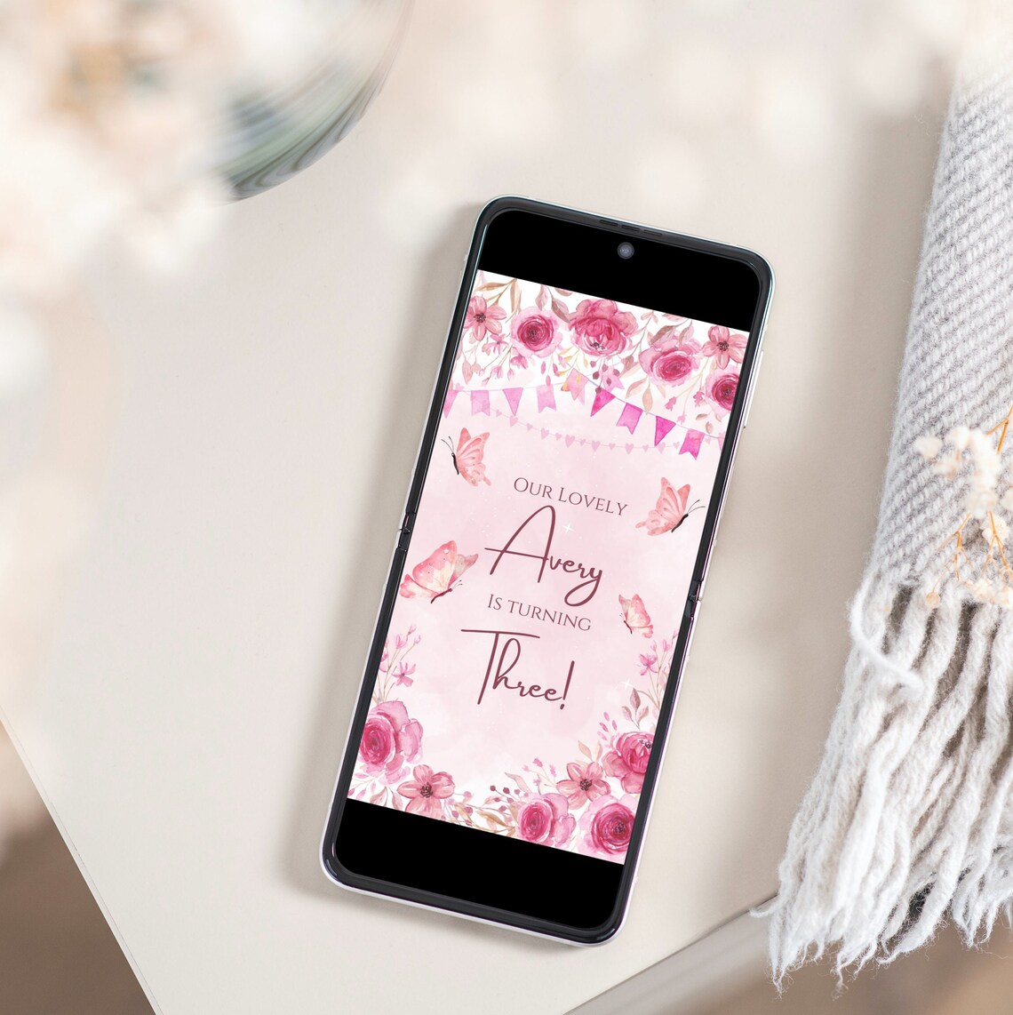 Mobile Birthday Invitation Ecard butterfly Pink Girls Editable Template ...