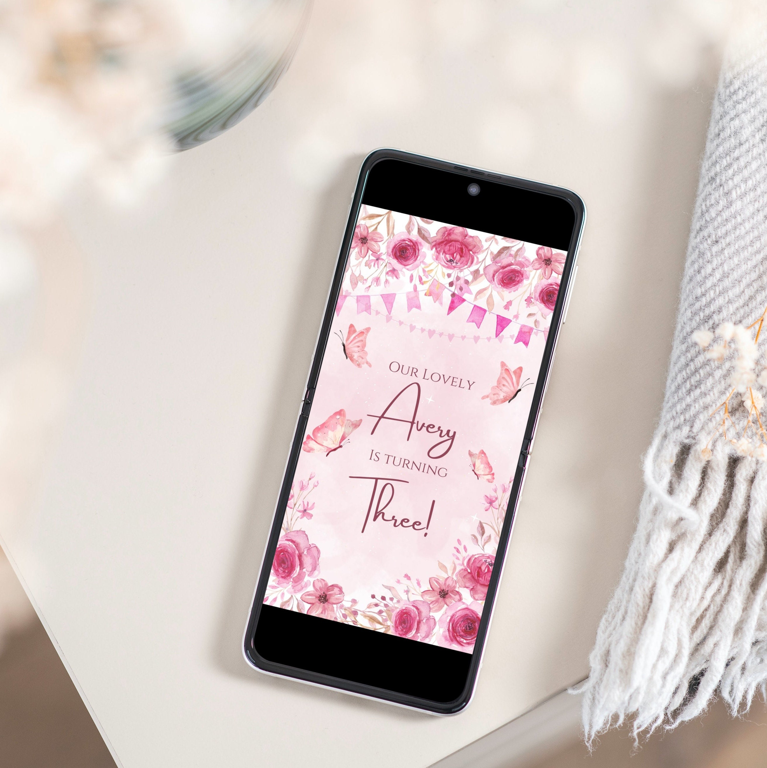 Mobile Birthday Invitation Ecard butterfly Pink Girls Editable Template ...