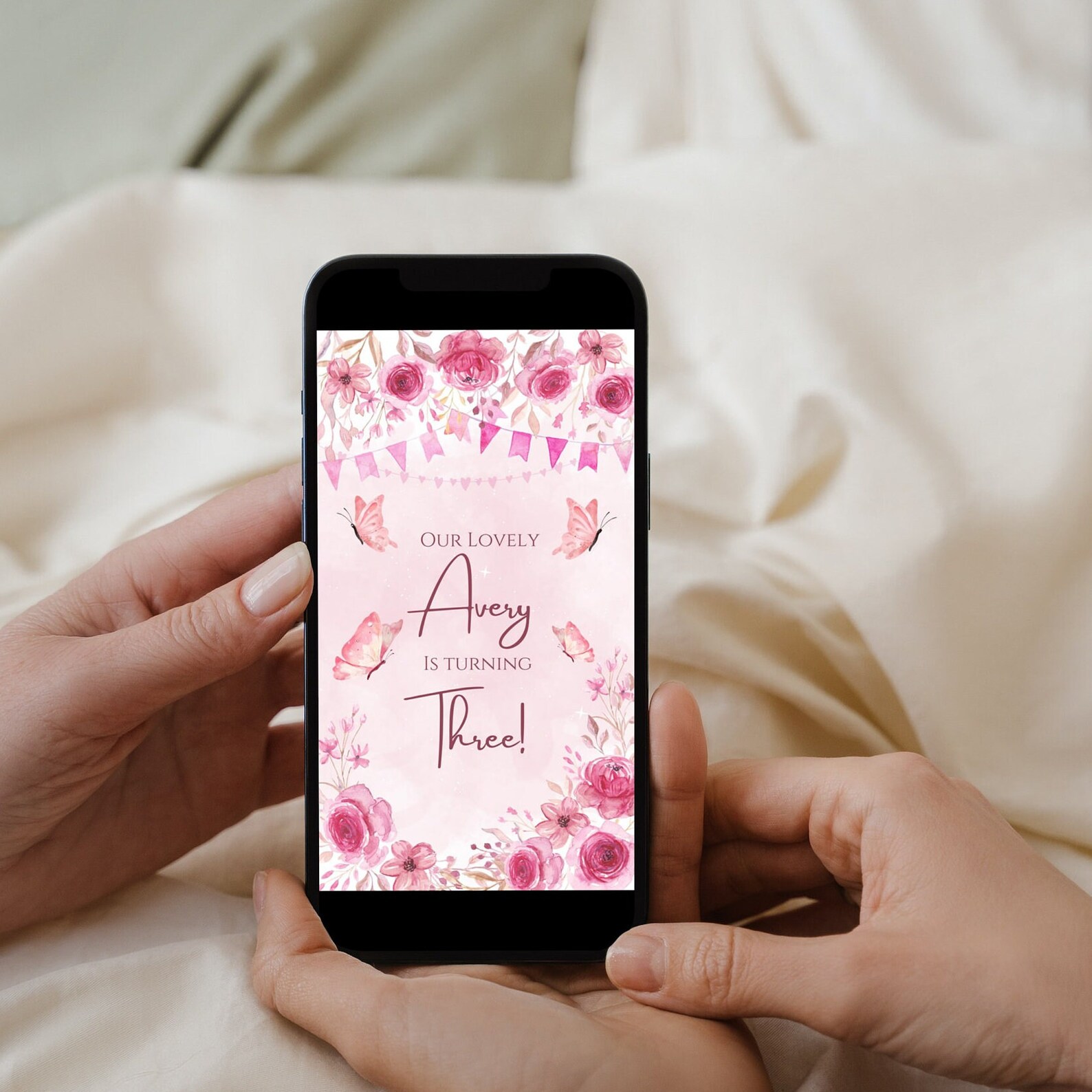 Mobile Birthday Invitation Ecard butterfly Pink Girls Editable Template ...