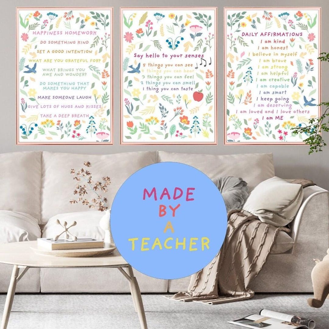 Set of 3 Positive Affirmations Senses Happy Kids Calming Corner ...