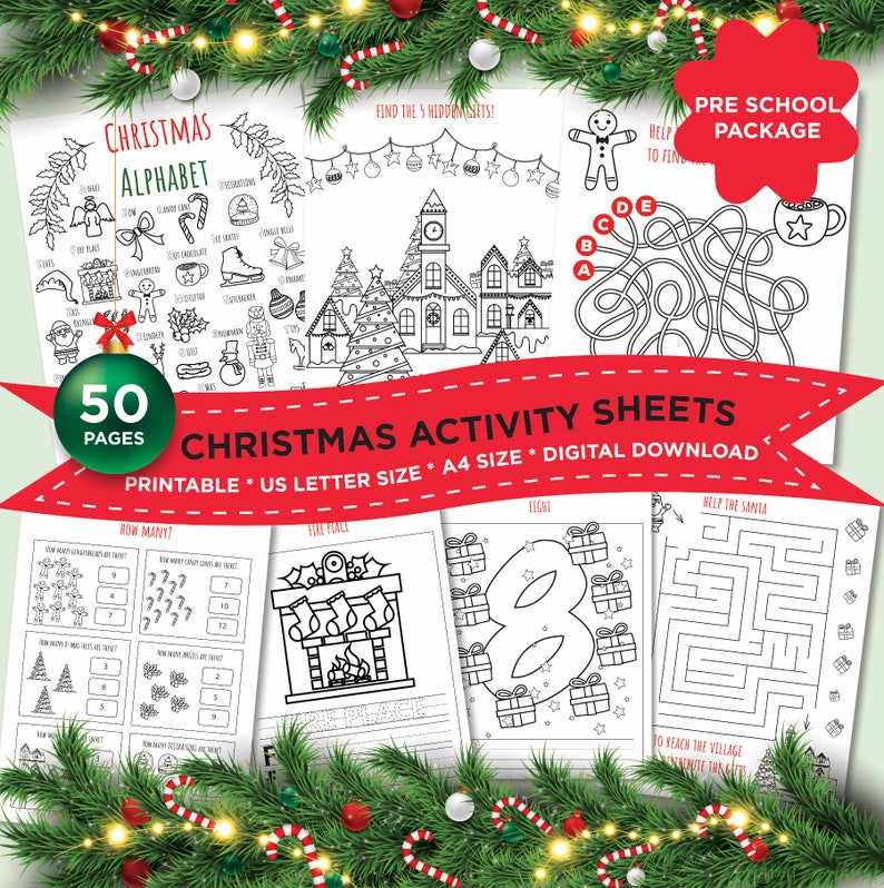 50 Printable Christmas Activity Sheets, Christmas Preschool Activity ...