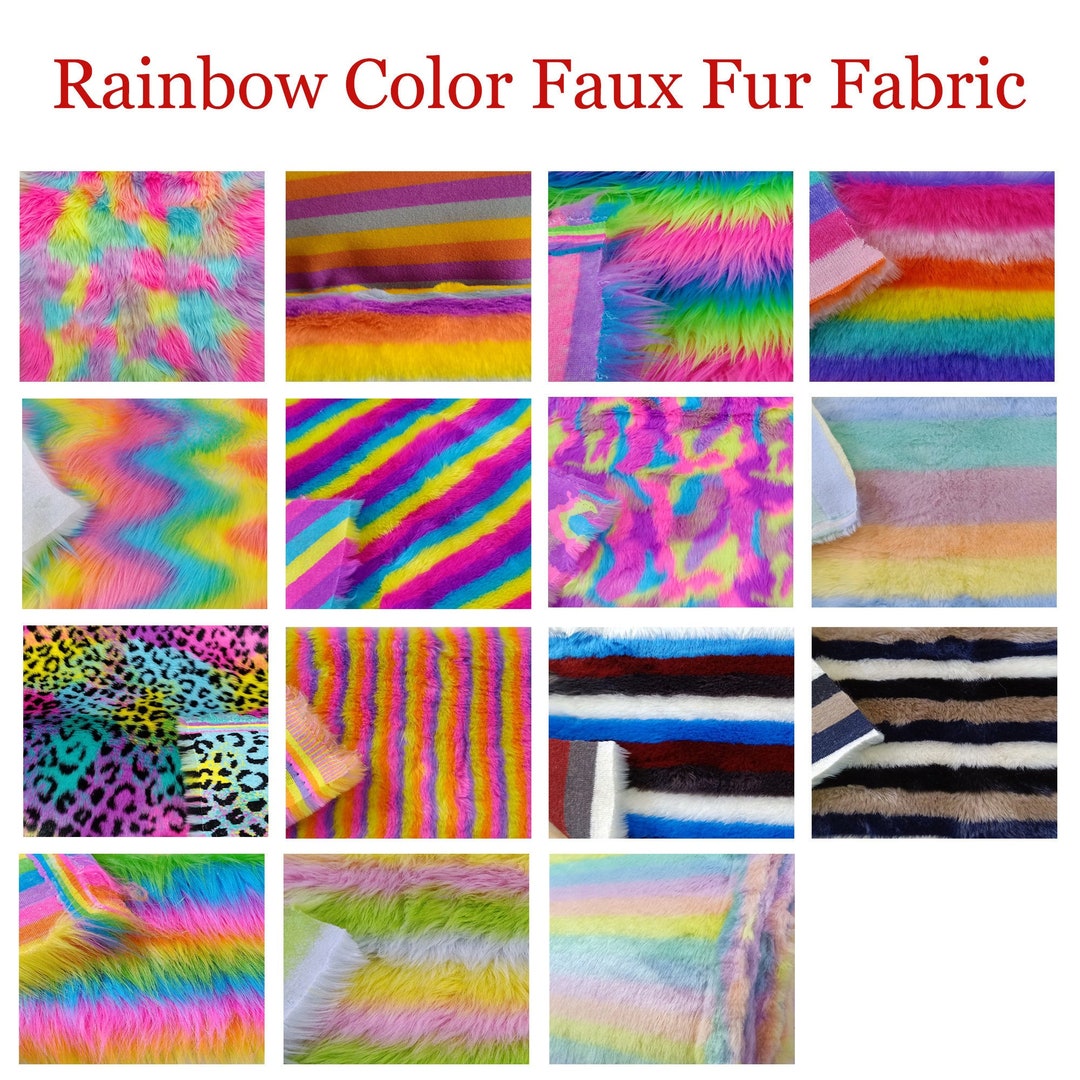 Pastel Rainbow Faux Fur Fabric, Long Pile Furry Colorful Fur,striped ...