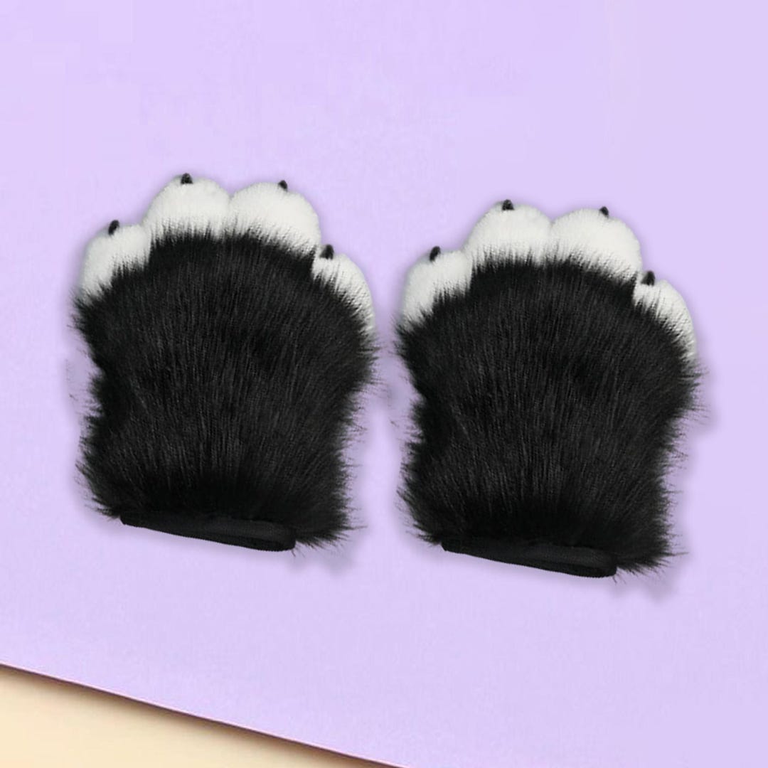 Squeaky Fursuit Paws Gloves, Black White Fluffy Paw Glove, Furry Wolf ...