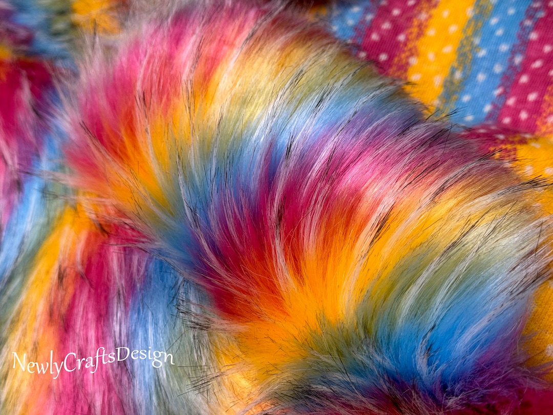 Rainbow Jacquard Long Pile Furry Faux Raccoon Fur, Wolf Faux Fur Fabric ...