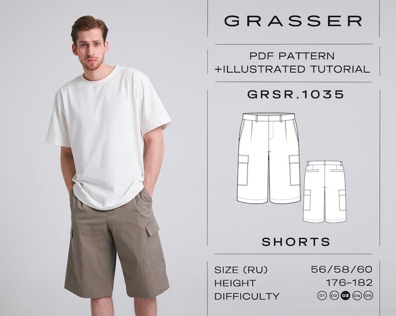 Cargo Shorts Pdf Sewing Pattern for Men | Sizes 56 / 58 / 60 (RU ...