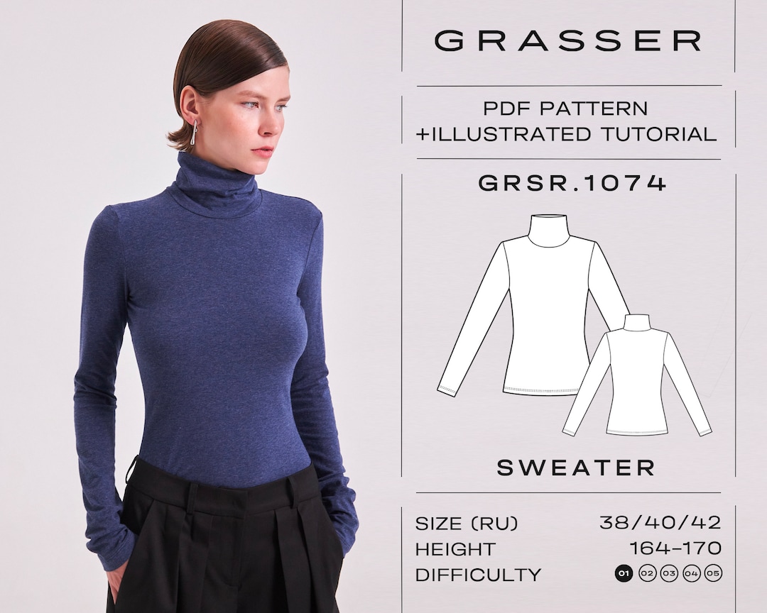 Turtleneck Sweater Pdf Sewing Pattern for Beginners Sizes 38 / 40 / 42 ...