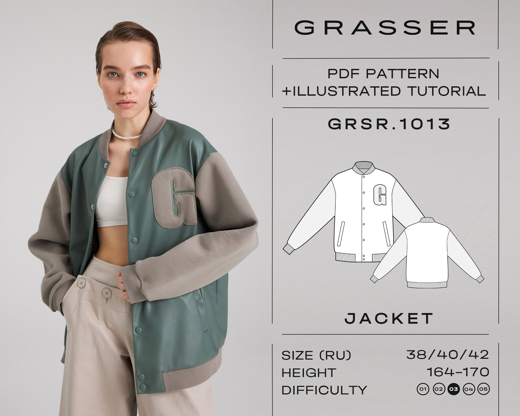 Varsity Jacket Pdf Sewing Pattern for Women | Sizes 38 / 40 Varsity Jacket Pdf Sewing Pattern for Women | Sizes 38 / 40