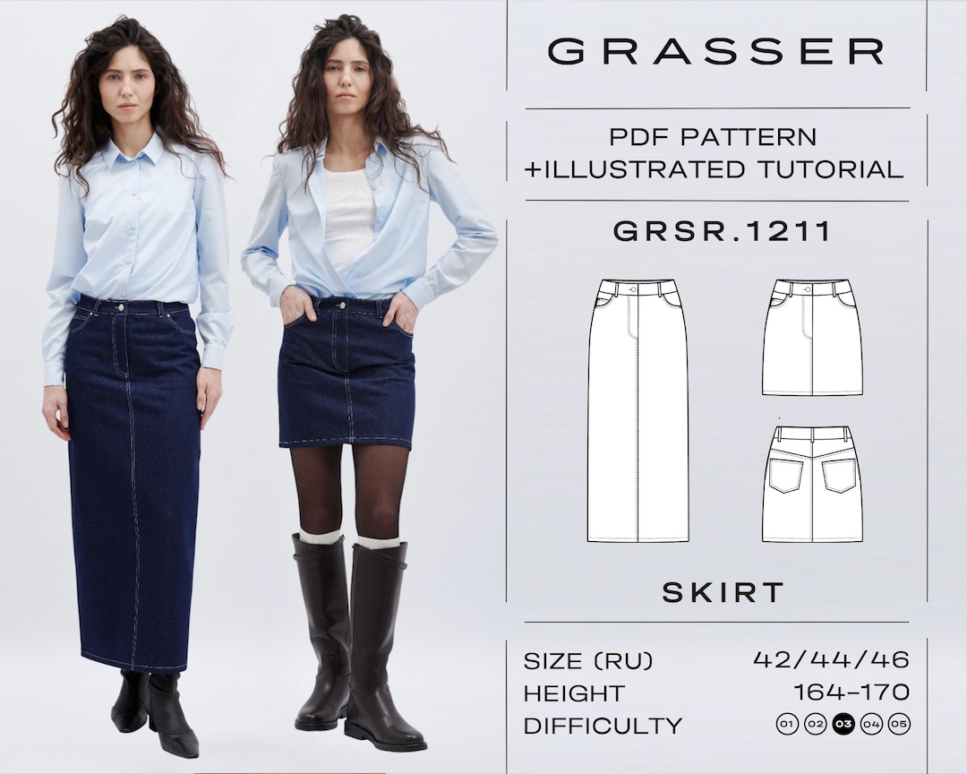Denim Pencil Skirt PDF Sewing Pattern | Midi Skirt | Mini Skirt | Sizes ...