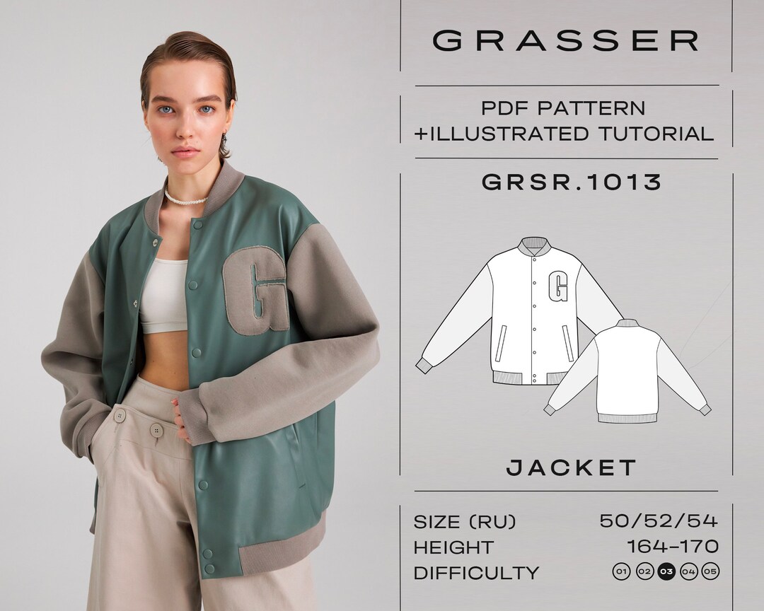 Varsity Jacket Pdf Sewing Pattern With Tutorial Sizes 50 / 52 / 54 RU Model No.1013 - Etsy