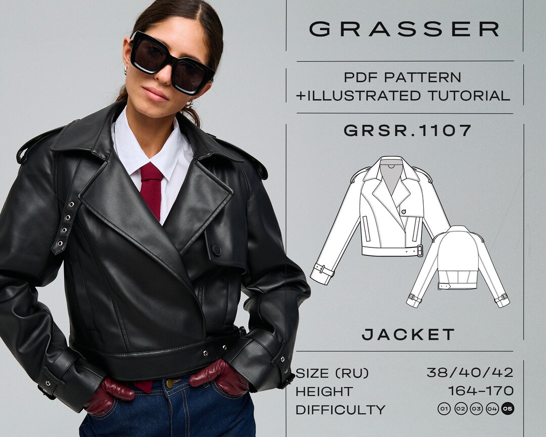 Cropped Leather Jacket PDF Sewing Pattern for Woman | Sizes 38 / 40 / 42 (RU) | Model No. 1107 ...