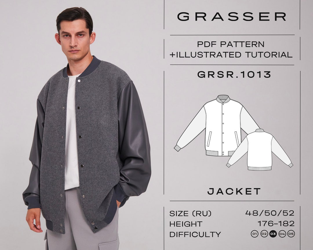 Varsity Jacket Pdf Sewing Pattern for Men | Sizes 48 / 50 / 52 (RU ...