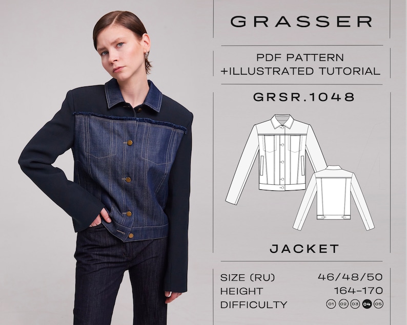 Denim Jacket Sewing Pattern PDF | Digital Download | Sizes 46 / 48 / 50 ...