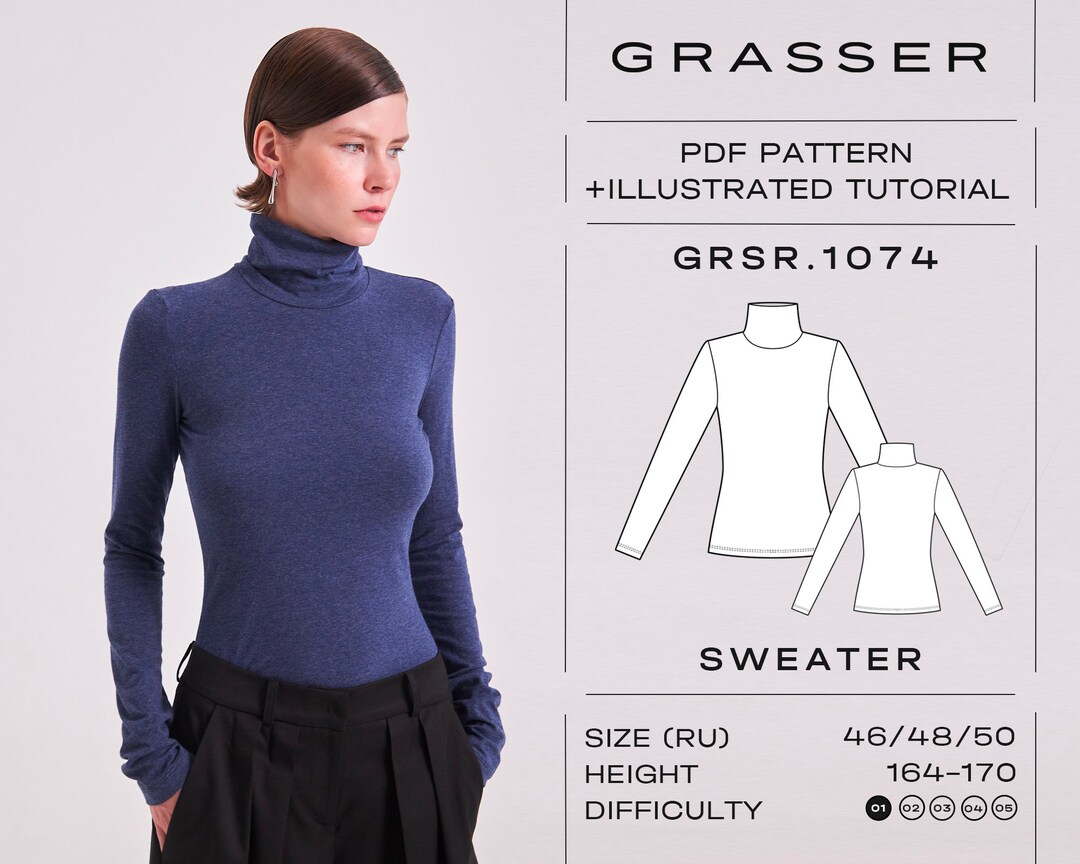 Turtleneck Sweater Pdf Sewing Pattern for Beginners Sizes 46 / 48 / 50 ...