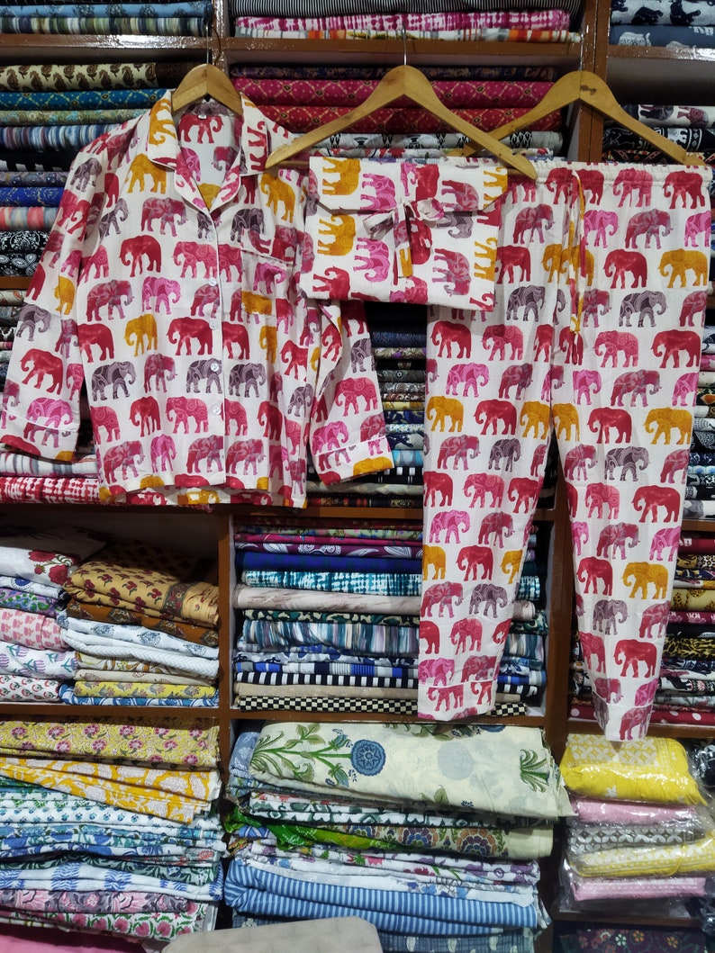 Indian Long Night Elephant Print Silk Pajama Set Women/men Silk Pajama ...
