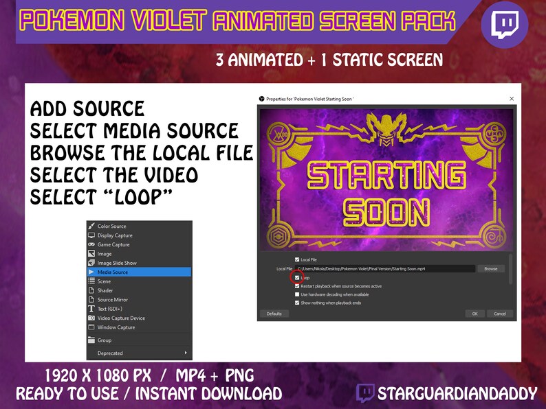 Pokemon Violet Theme Twitch Animated Stream Screen Pack Starting Soon ...