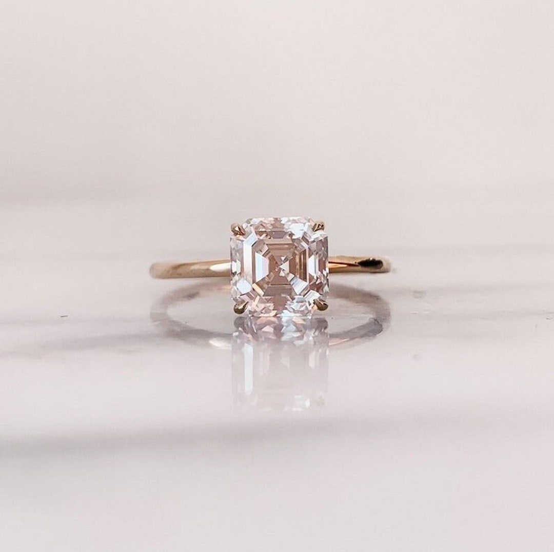 Asscher Cut Moissanite Engagement Ring Elegant Vintage Halo Design 14K ...