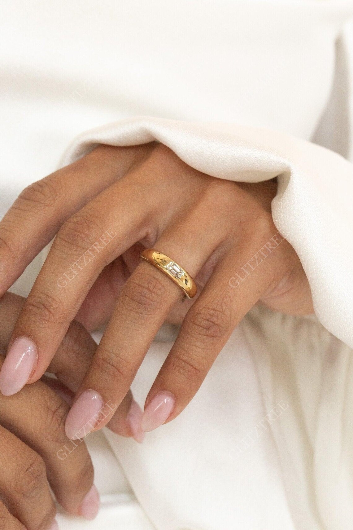 Emerald Cut Moissanite Wedding Band, 14KT Gold Dome Ring, Statement ...