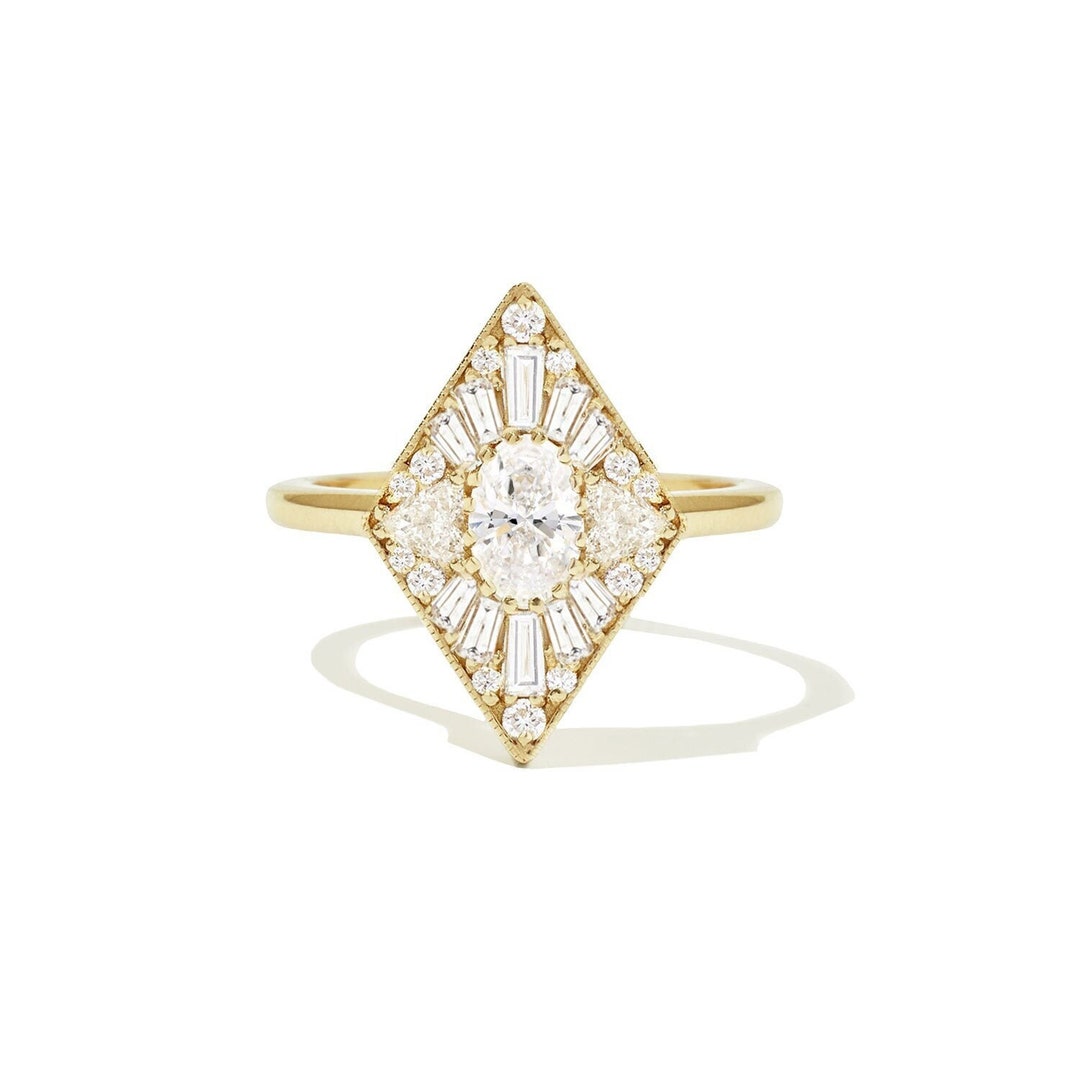 Mini Kite Shape Oval Brilliant Cut Diamond Mosaic Ring Art Deco Flower ...