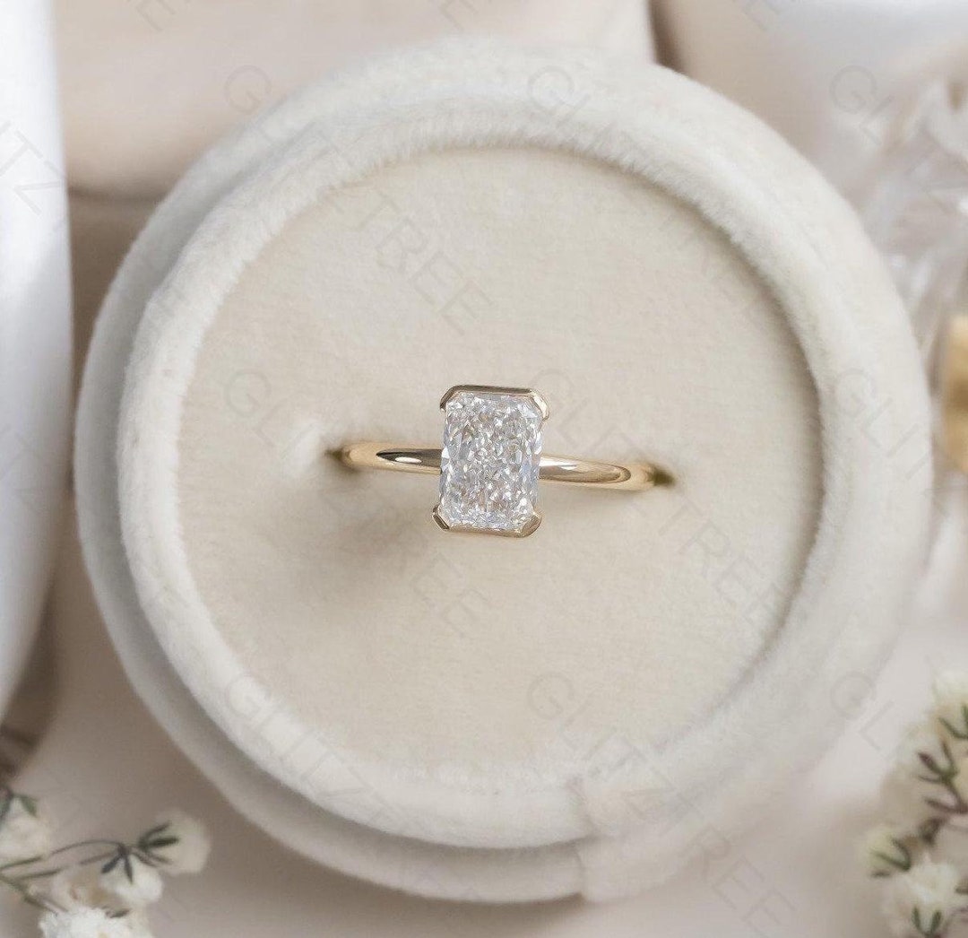 Radiant Cut Half Bezel Solitaire Ring Rectangle Engagement Ring 14K ...