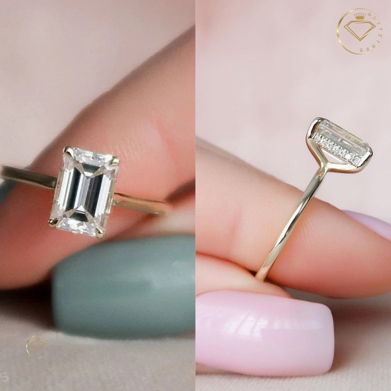 2ct Emerald Cut Moissanite Diamond Hidden Halo Solitaire Engagement And