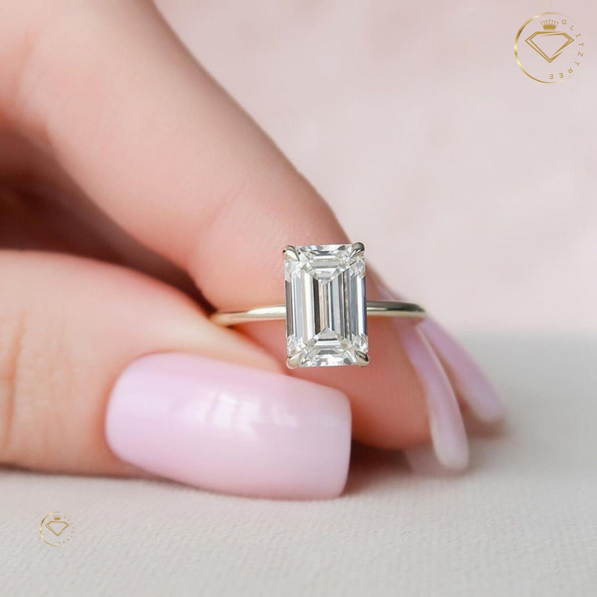 2ct Emerald Cut Moissanite Diamond Hidden Halo Solitaire Engagement And