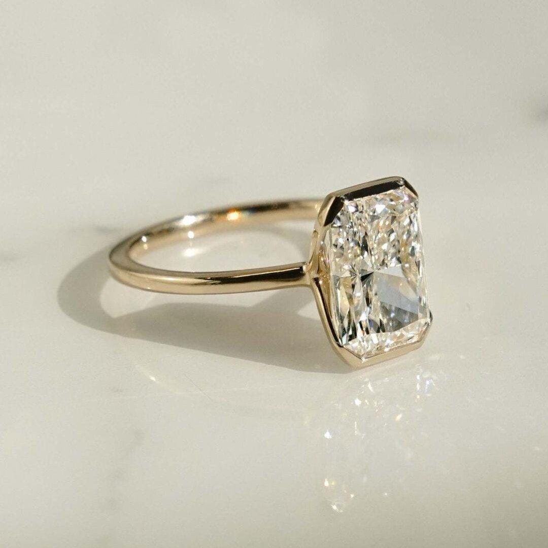 Radiant Cut Moissanite Engagement Ring Half Bezel Set Rings 3ct Crushed ...