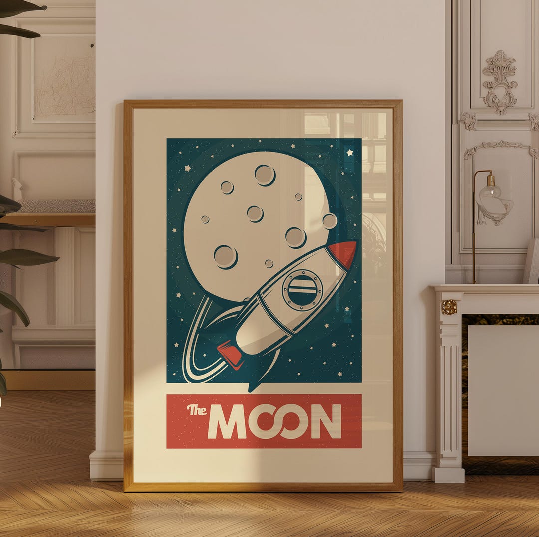 Retro Moon Poster, Vintage Space Rocket Print, Galaxy Solar System Wall ...