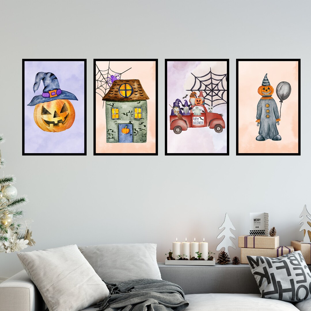 Halloween Digital Printable Set of 4 Prints, Halloween Art Bundle Set ...
