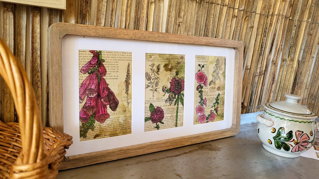 Triptych Watercolor Flowers on Old Book - Etsy