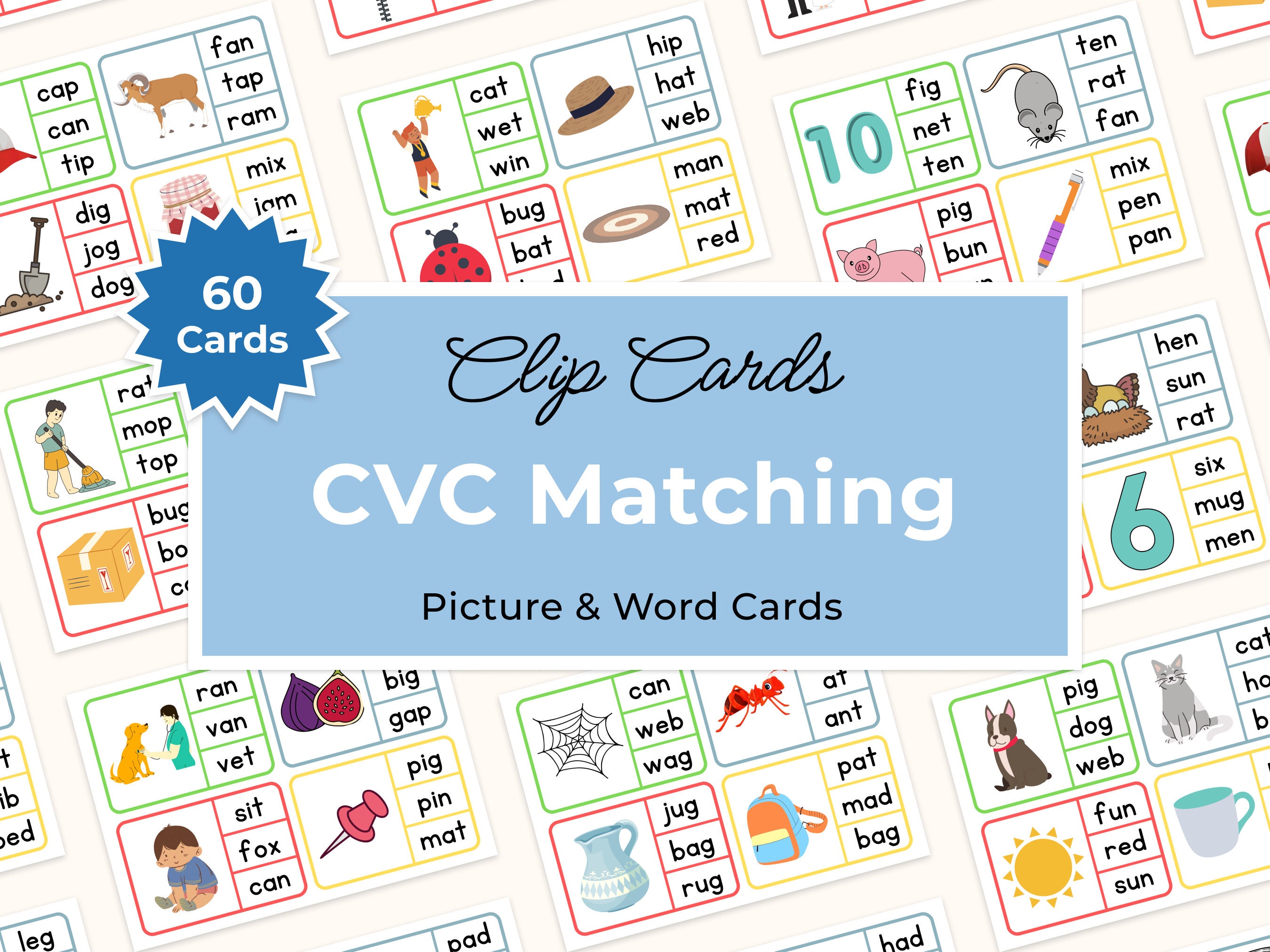 CVC Word Clip Cards: Picture & Word Matching (PDF) - Etsy