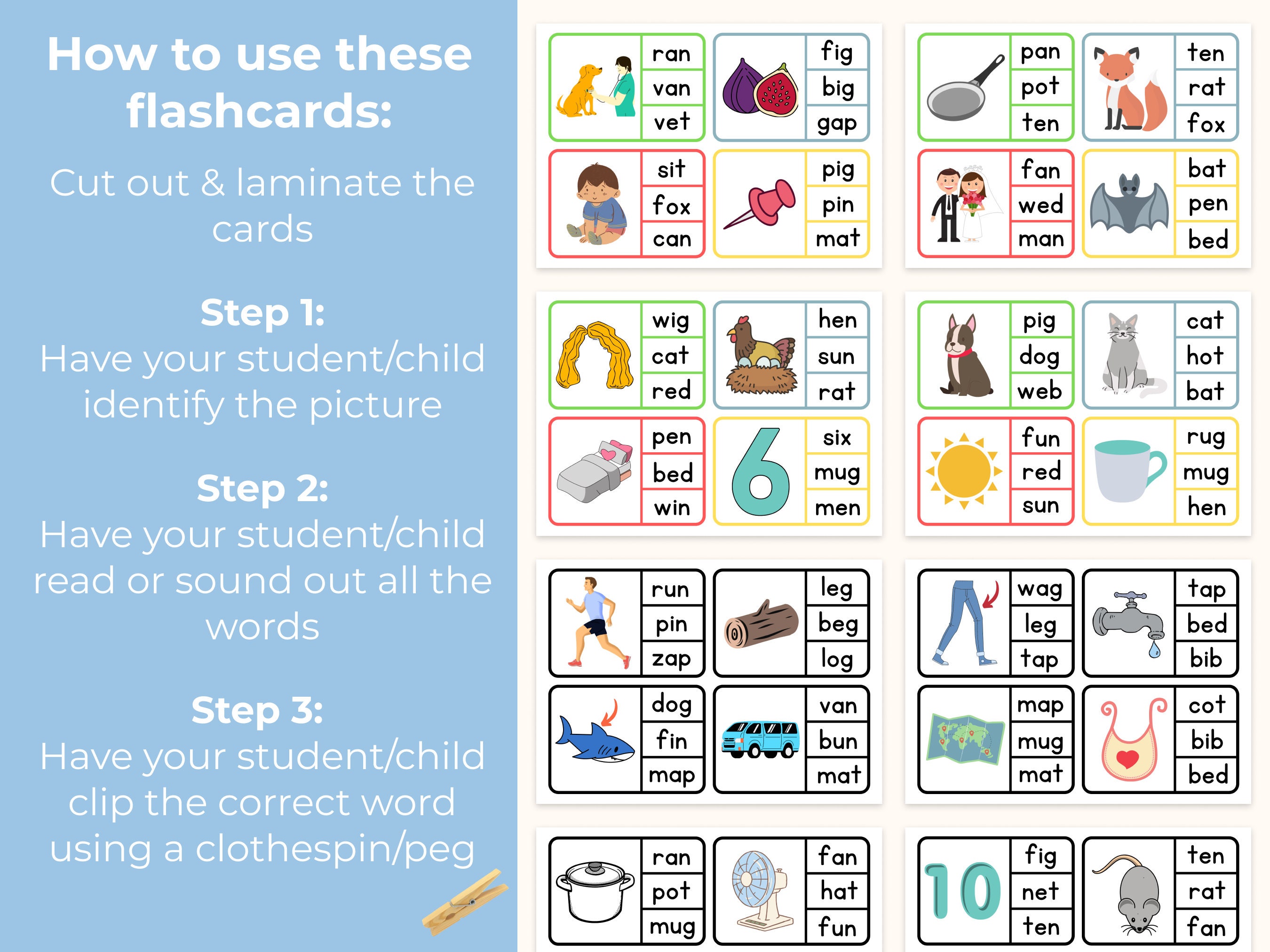 CVC Matching Clip Cards Pictures & Words CVC Early Reading Phonics ...