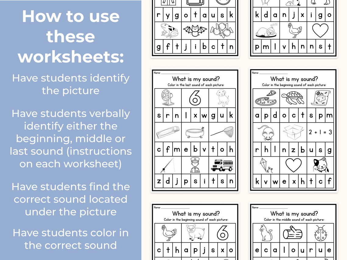 Phonemic Awareness Worksheets | Beginning, Middle, End Sound (PDF ...