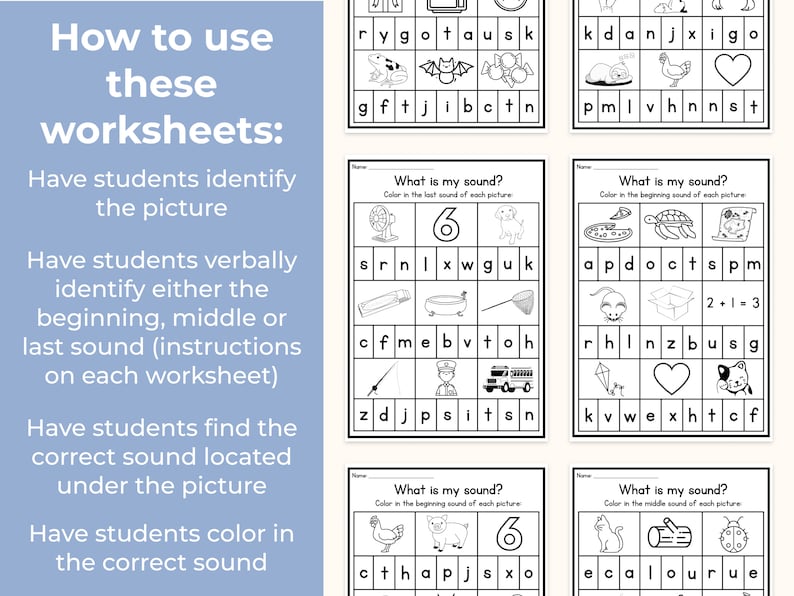 Phonemic Awareness Worksheets | Beginning, Middle, End Sound (PDF ...