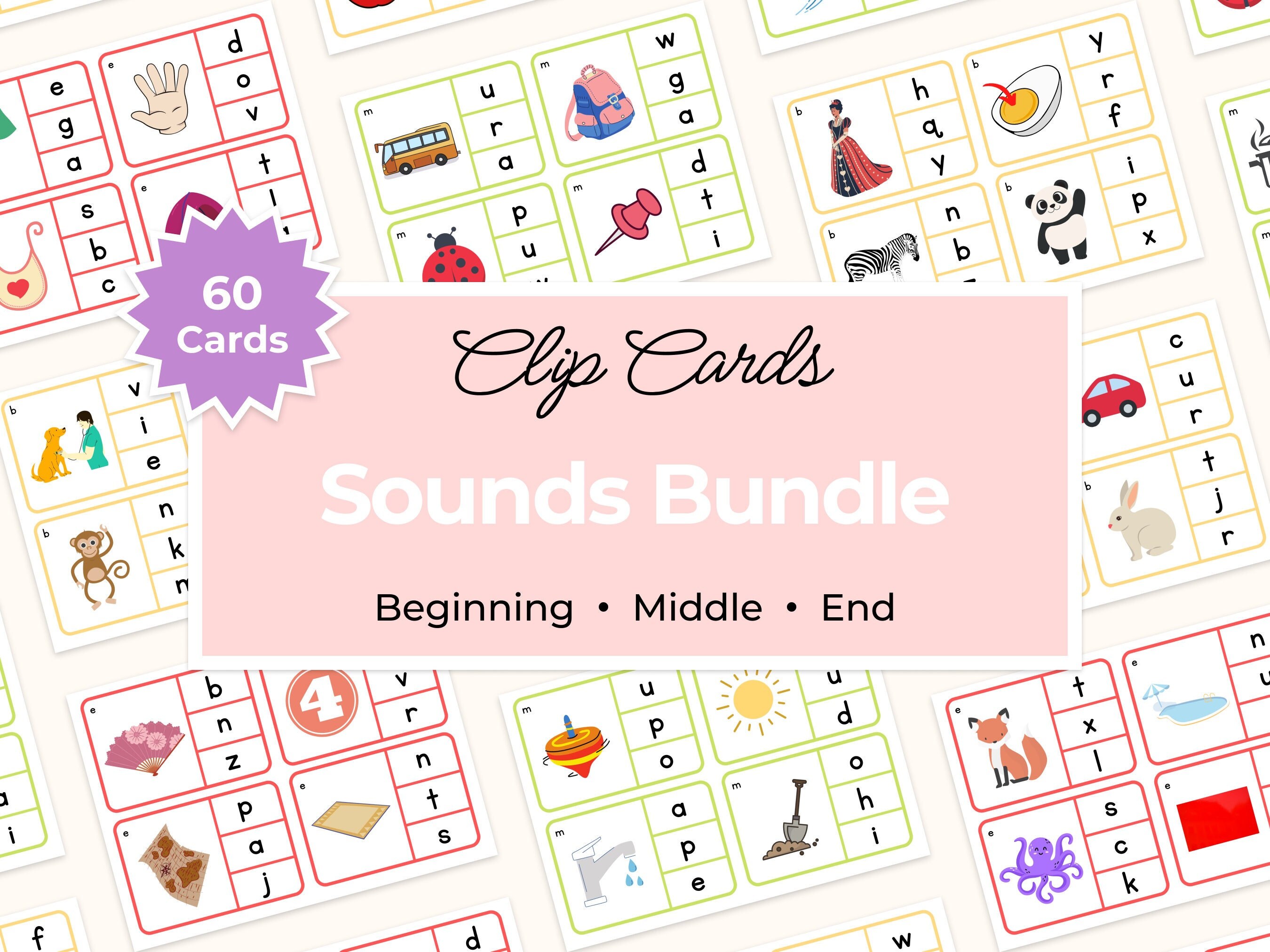 Beginning Middle End Sound Clip Cards Bundle Phonics Activity Alphabet ...