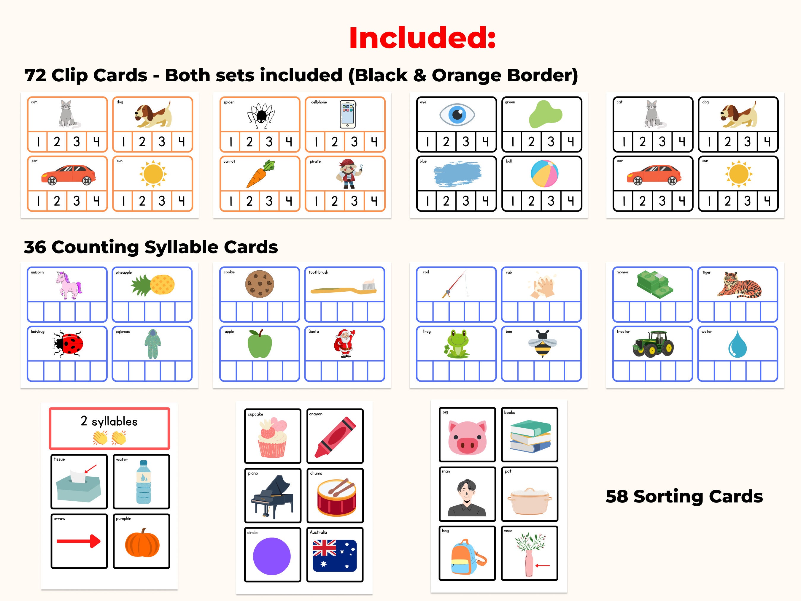 Sílabas. Paquete de sílabas. Tarjetas de clip de sílaba. Clasificación ...