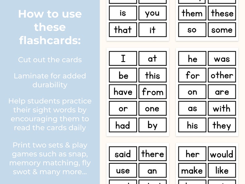 Fry's First 100 Sight Words Flashcards, Printable (PDF) - Etsy