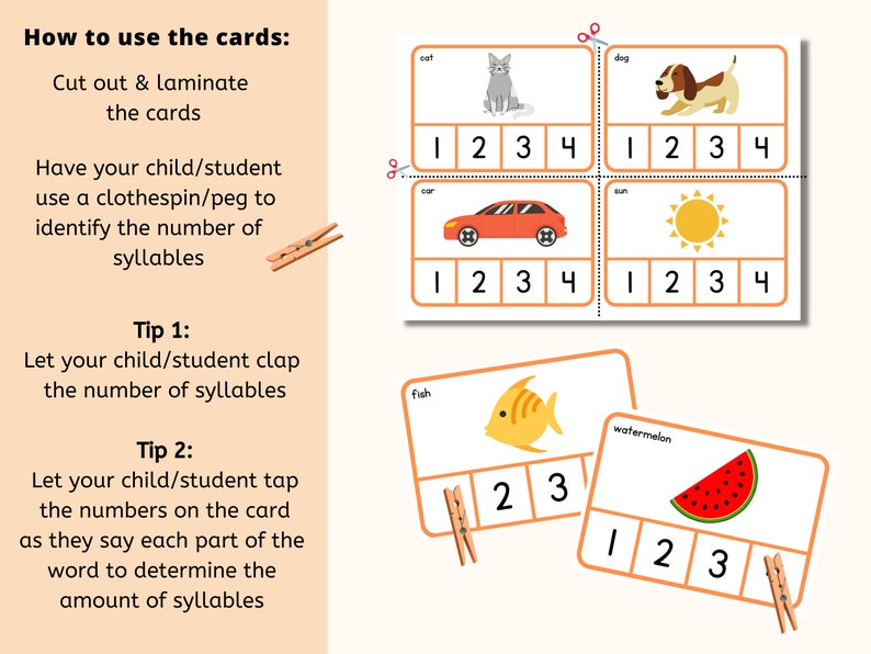 Syllables. Clip Cards. Counting Syllables. Printable. Kindergarten ...