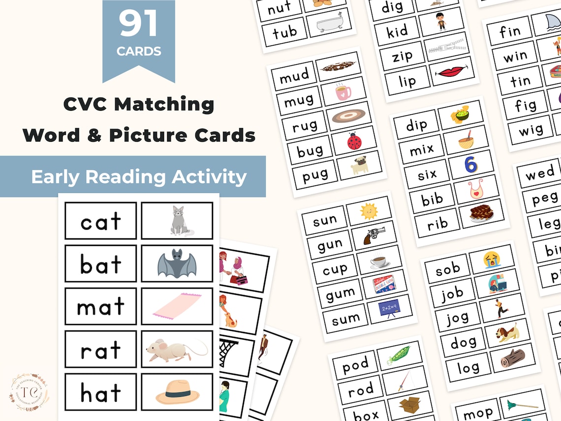 CVC Words Picture Cards Word Families Matching Flashcards CVC Games ...