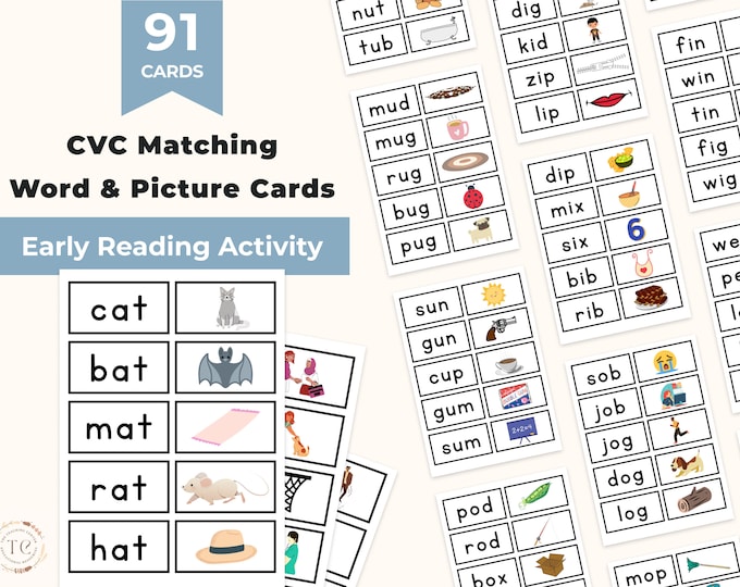 CVC Words Picture Cards Word Families Matching Flashcards CVC Games ...