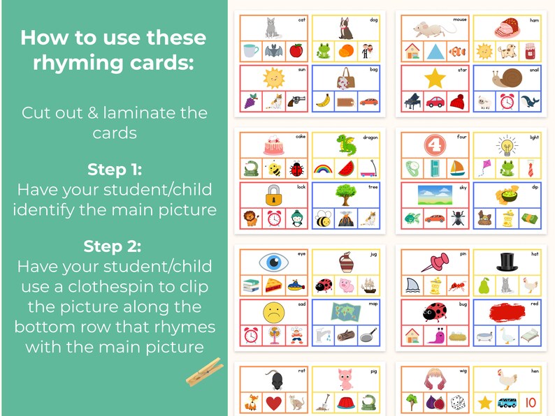 Rhyming Words! Clip Cards! Rhyme! Rhyming Activity! Pre- Kindergarten ...